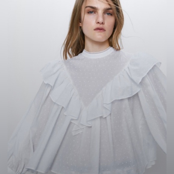 Zara | Tops | Zara White Swiss Dot Ruffled Top | Poshmark